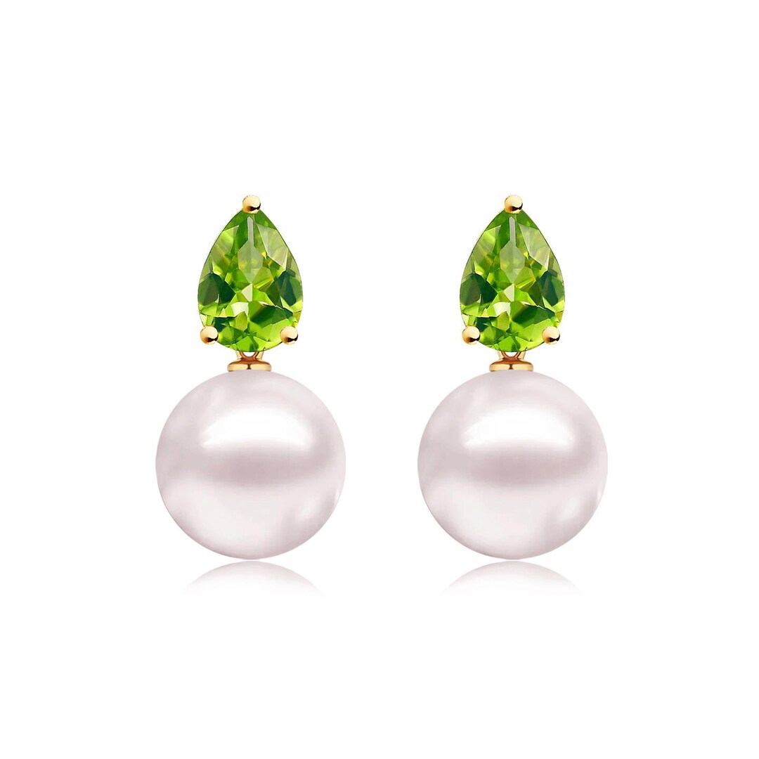 Venus Tear 14K Real Solid Gold Natural Peridot Round Pearl Convertible ...