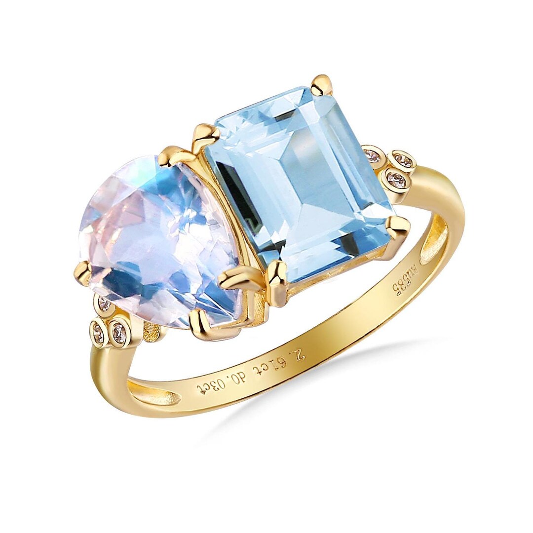 Moonstone and Aquamarine Ring | Diamond Cocktail Ring | Toi Et Moi Ring ...