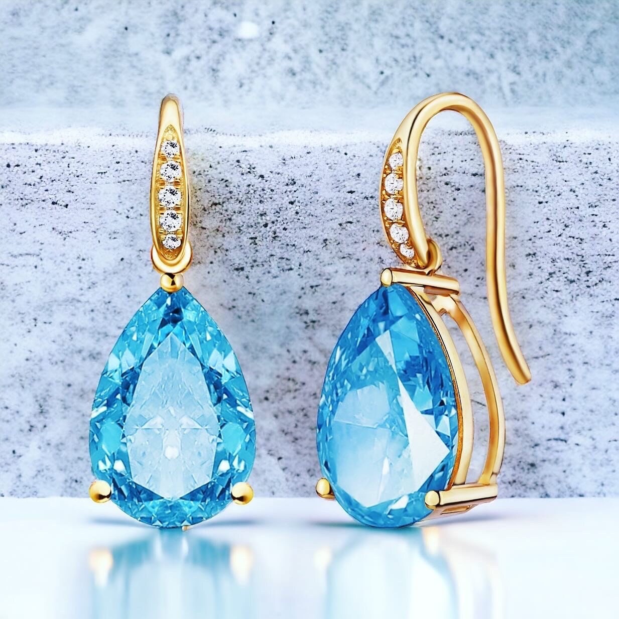 Classy Natural Pear Topaz Diamond Earrings | 14K Solid Gold Gift | Blue ...