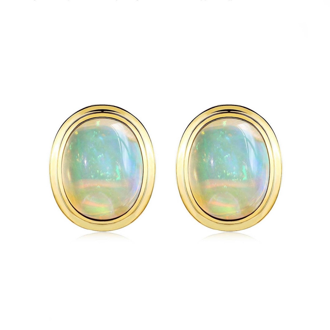 Fire Opal Earrings in 14K Solid Gold｜natural Gemstone Jewelry Ear Stud ...