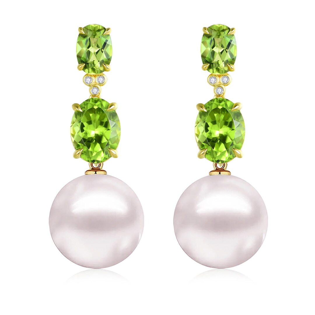 Divina 14K Solid Gold Diamond Natural Peridot Olive Green Double ...