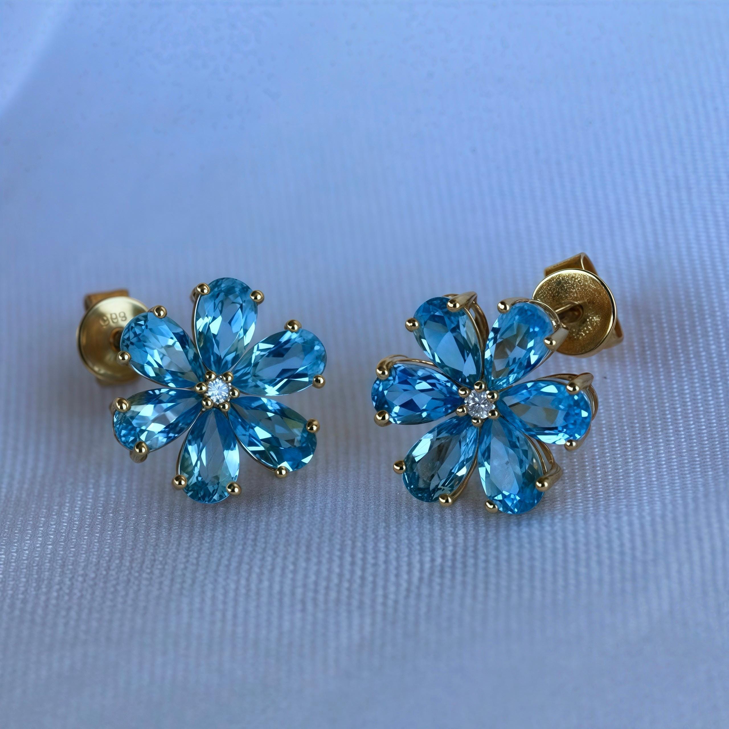 Flora 14K Solid Gold Diamond Natural Topaz Swiss Blue Gemstone Round ...