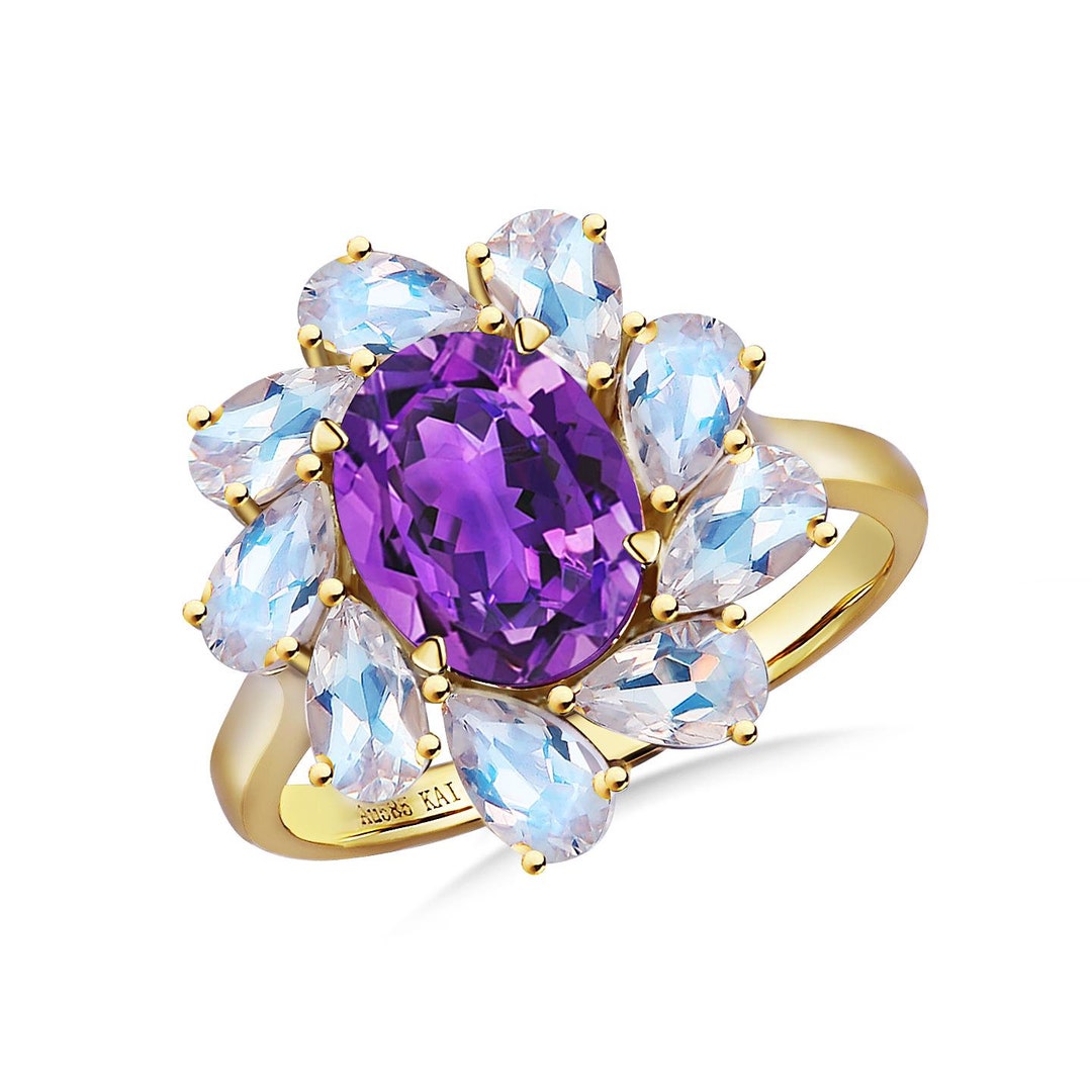 Elegant Natural Amethyst Moonstone Cocktail Ring in 14K Solid Gold ...