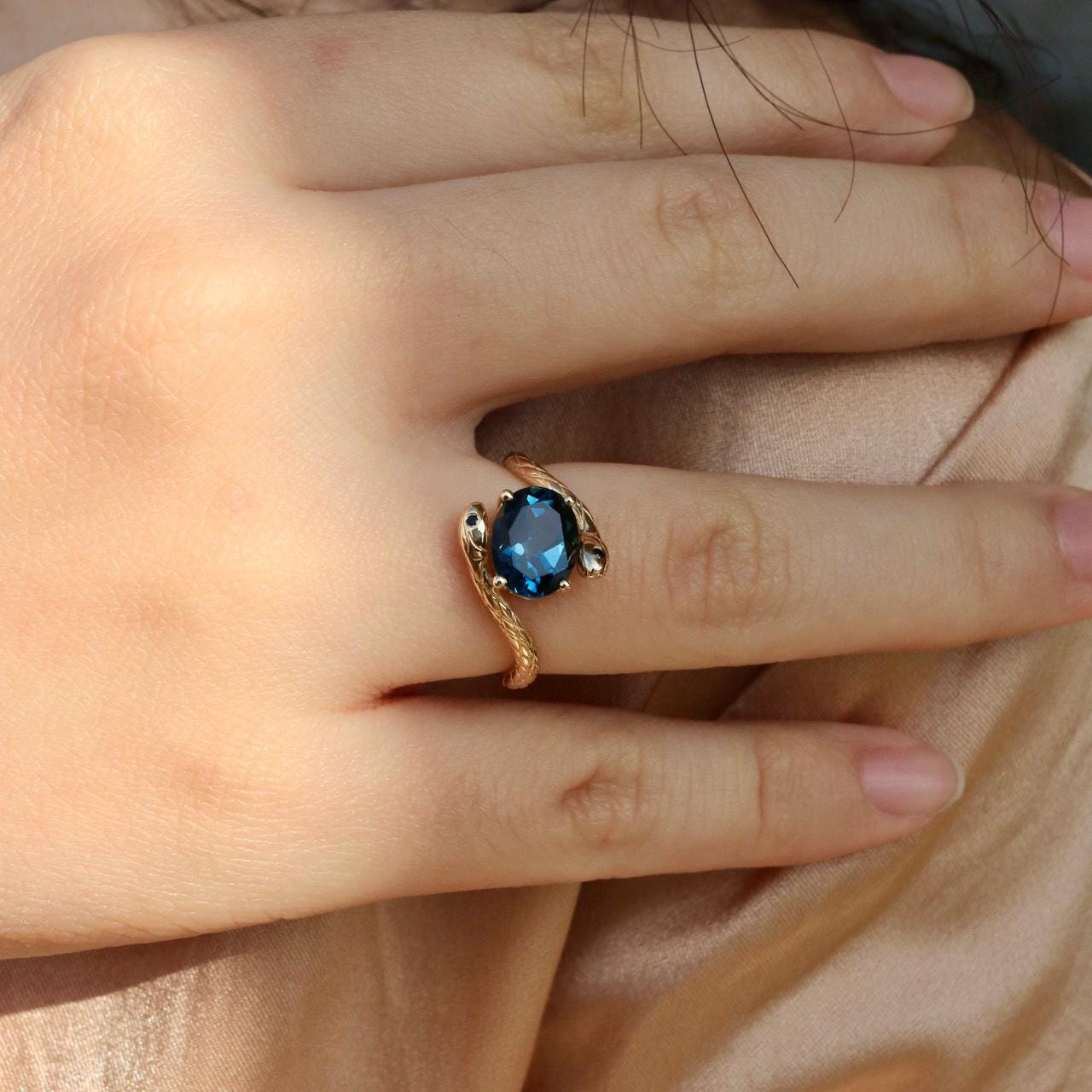 London Blue Topaz Sapphire Snake Ring | 14K Solid Gold | East-west Ring ...
