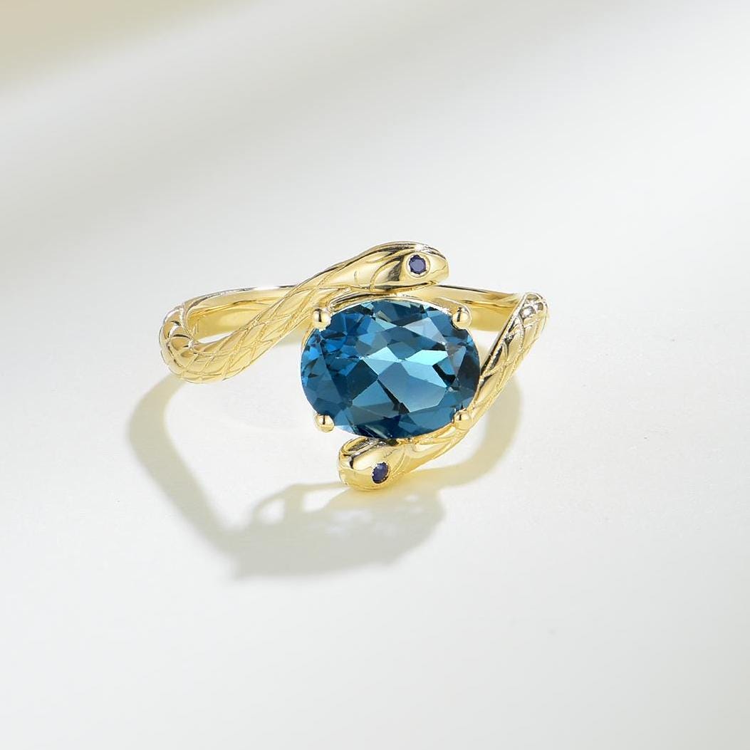 London Blue Topaz Sapphire Snake Ring | 14K Solid Gold | East-west Ring ...