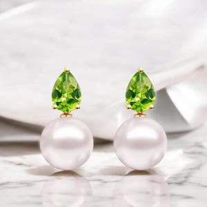 Venus Tear 14K Real Solid Gold Natural Peridot Round Pearl Convertible ...