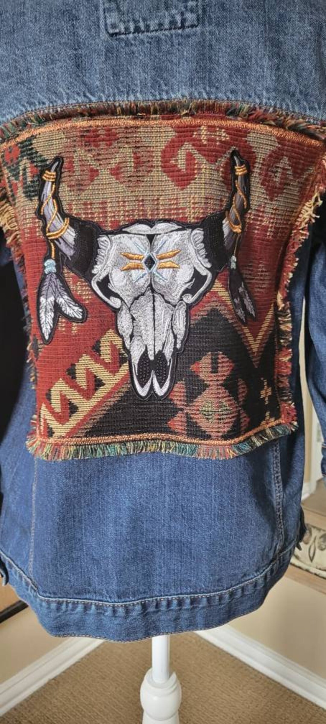 Upcycled Denim Jacket Embellished Jean Jacket Longhorn and Feather ...
