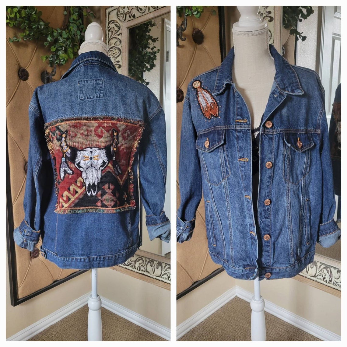 Upcycled Denim Jacket: Longhorn Skull & Feather, Embellished Jean Art ...