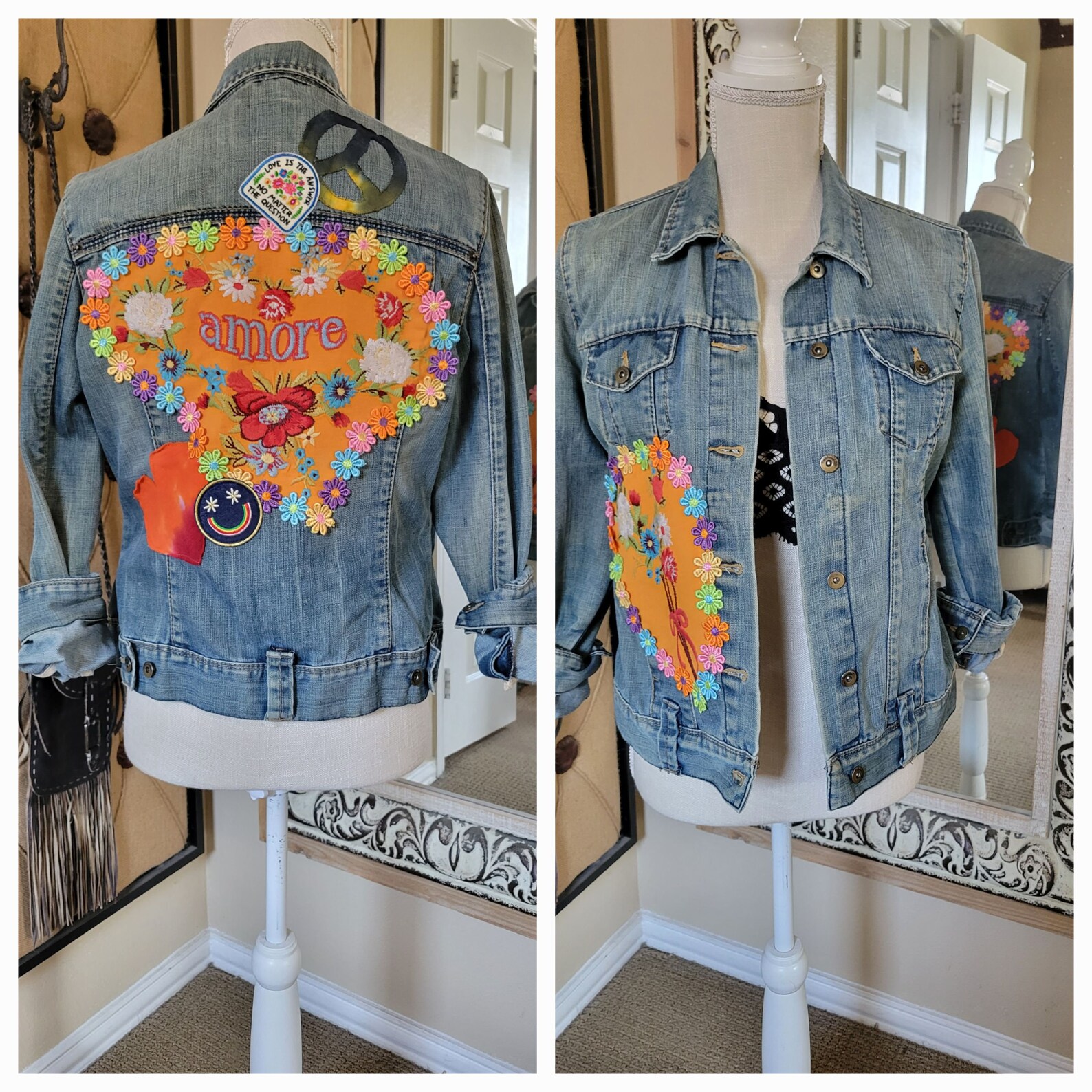 Upcycled Denim Jacket Embellished With Boho Themed Embroidered Patches ...