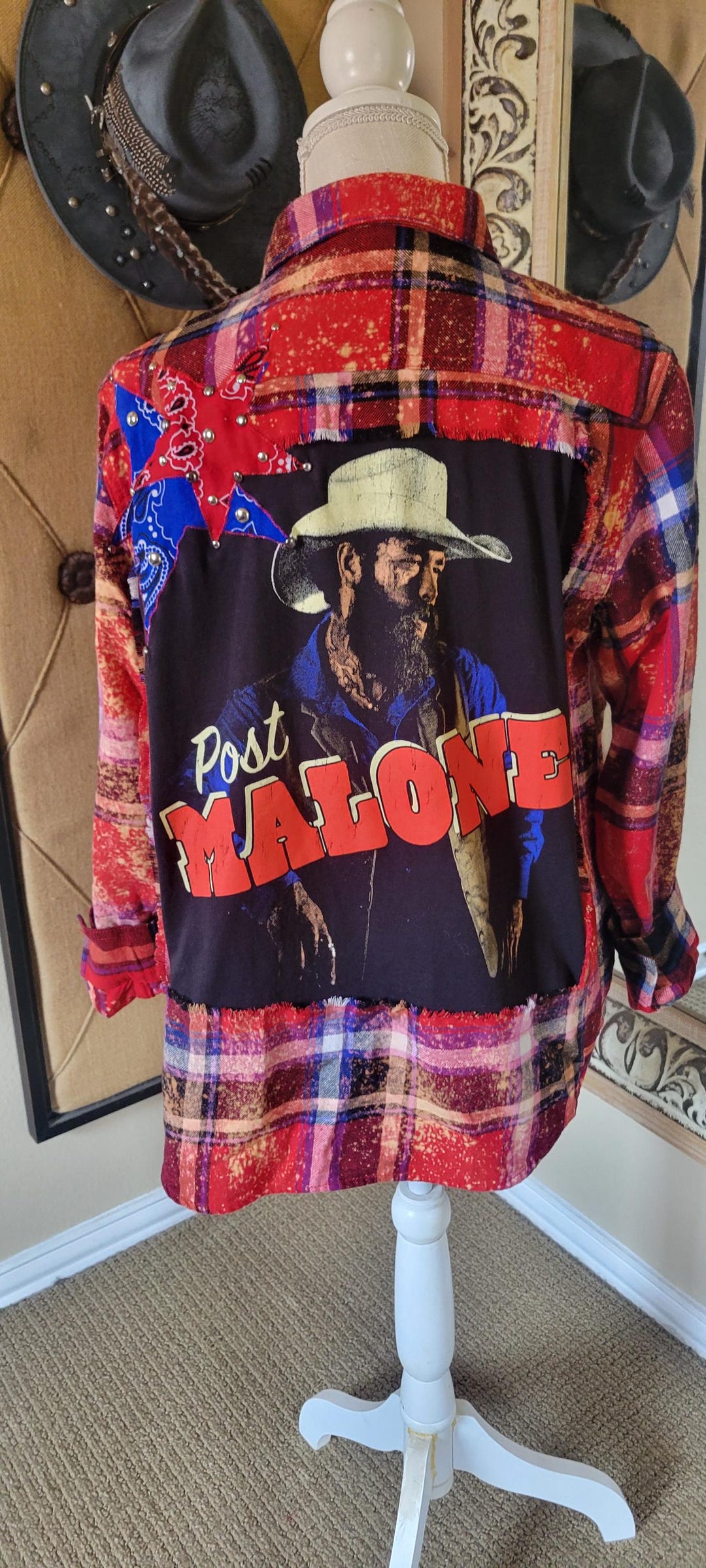 Upcycled Bleached Flannel Shirt Reworked With a Post Malone Tshirt One ...