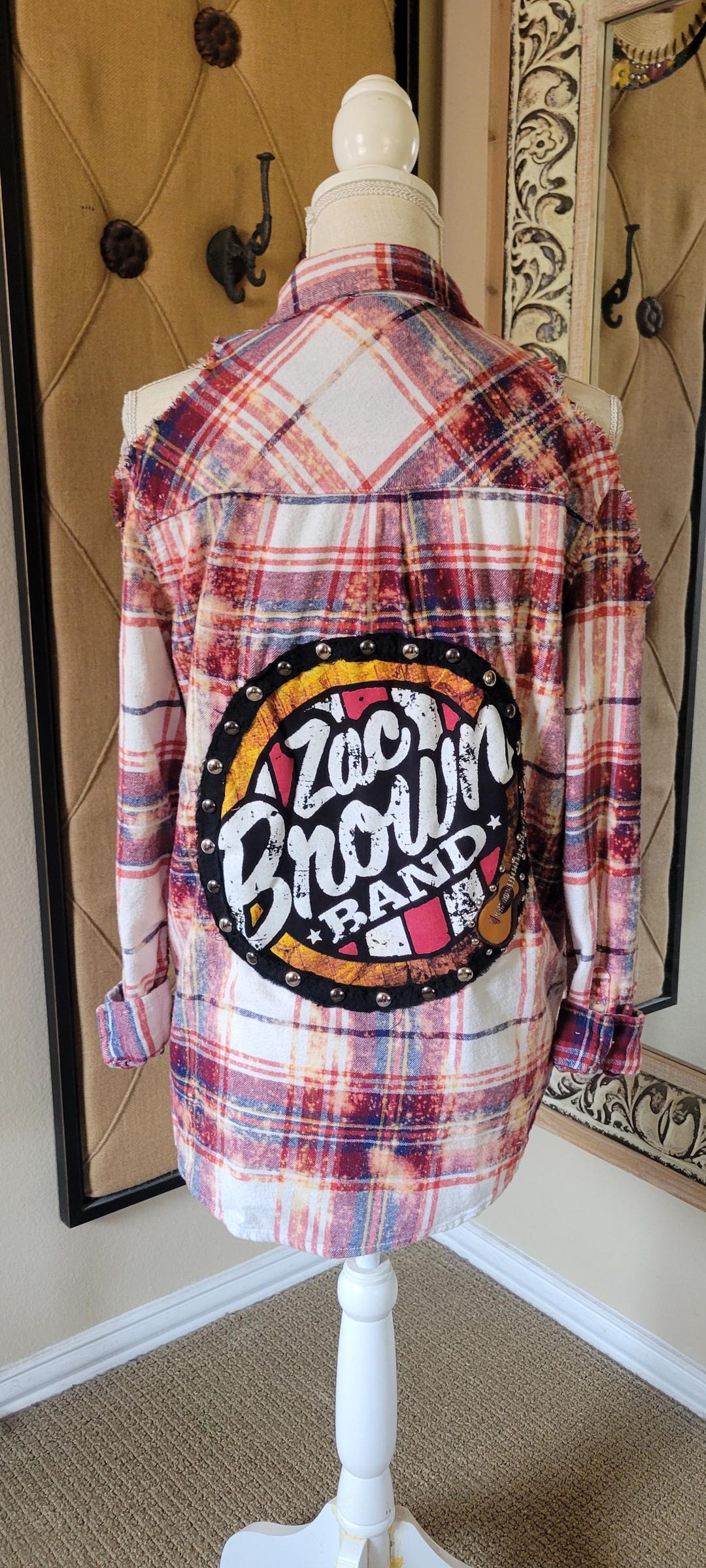 Upcycled Zac Brown Band Flannel Shirt: Bleached & Studded, Size M - Etsy