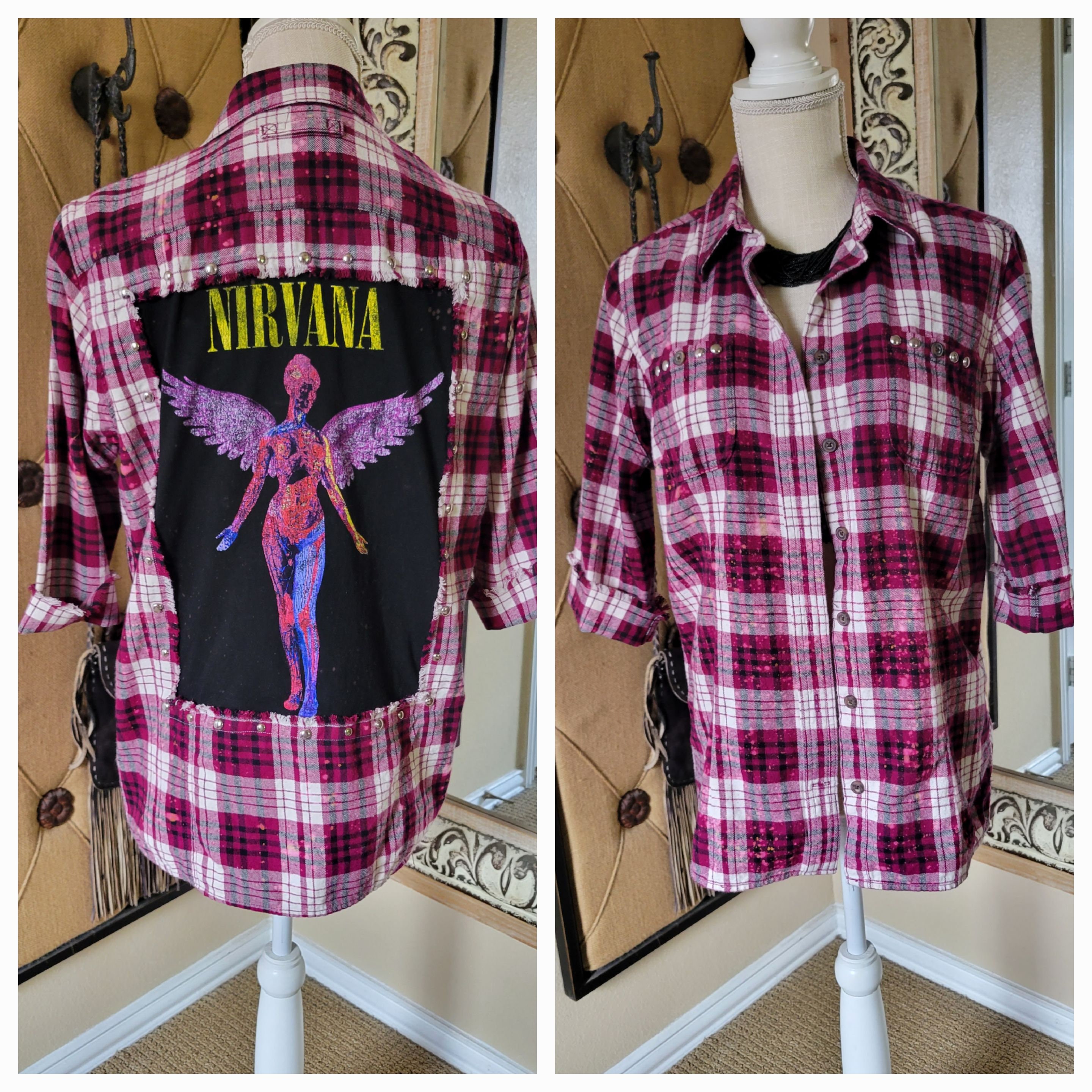 Upcycled Clothing Bleached Flannel Band Flannels Nirvana Tshirt Design ...