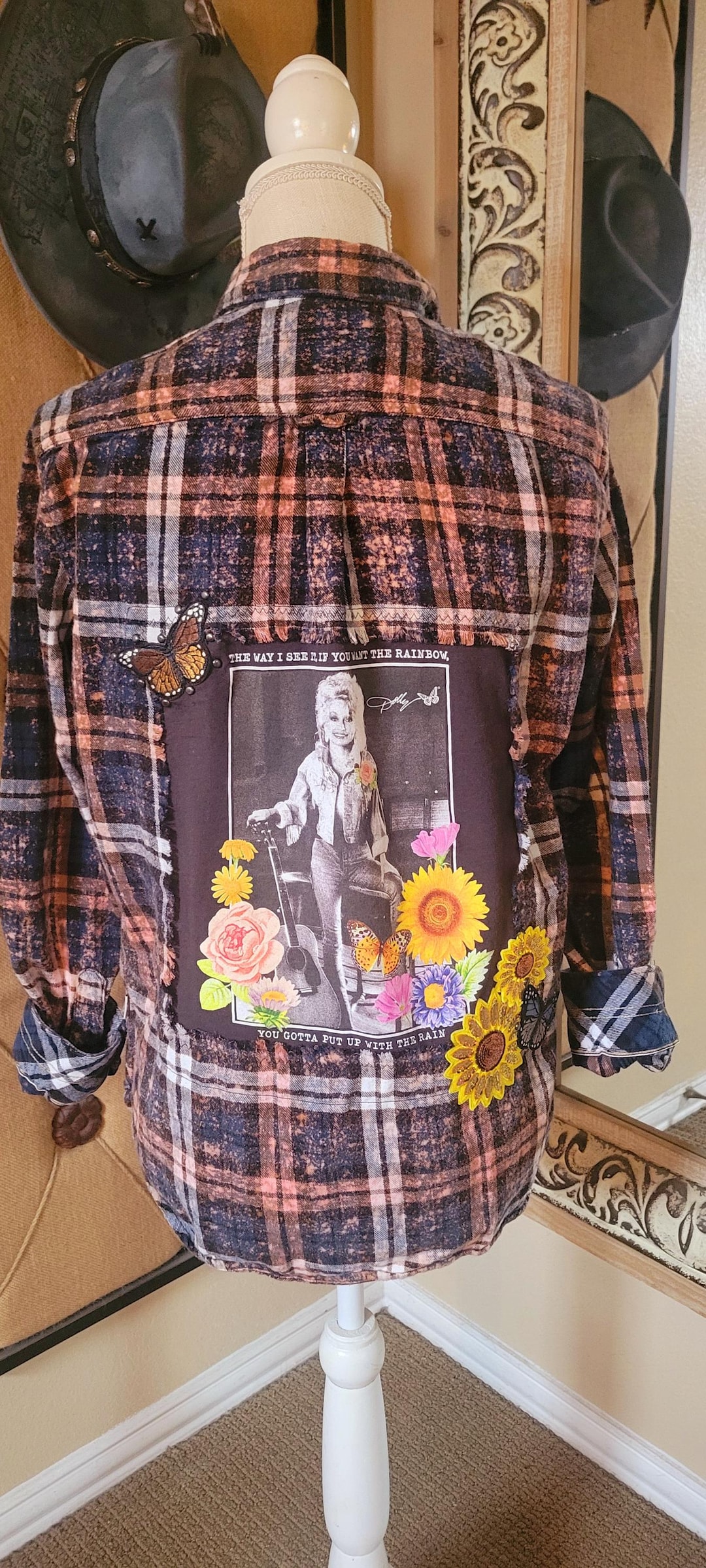 Upcycled Clothing Bleached Flannel Shirt One-of-a-kind Dolly Parton ...