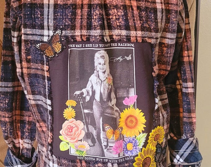 Upcycled Clothing Bleached Flannel Shirt One-of-a-kind Dolly Parton ...