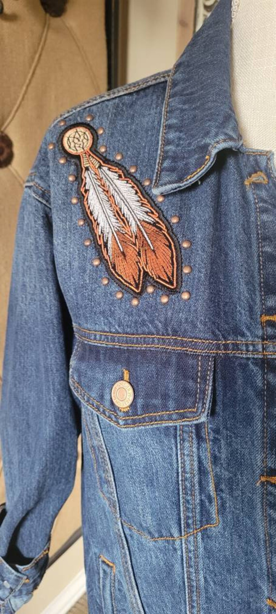 Upcycled Denim Jacket: Longhorn Skull & Feather, Embellished Jean Art ...