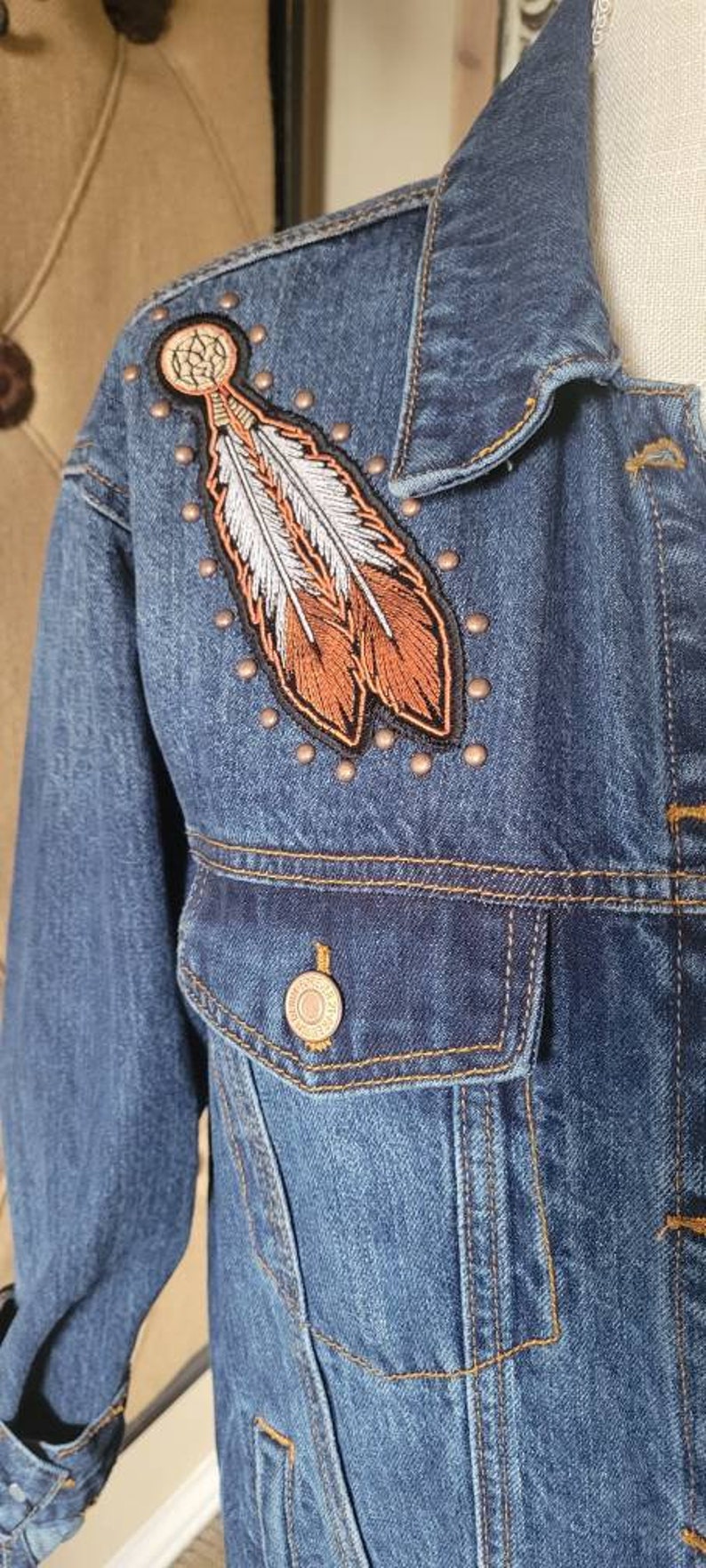 Upcycled Denim Jacket Embellished Jean Jacket Longhorn and Feather ...