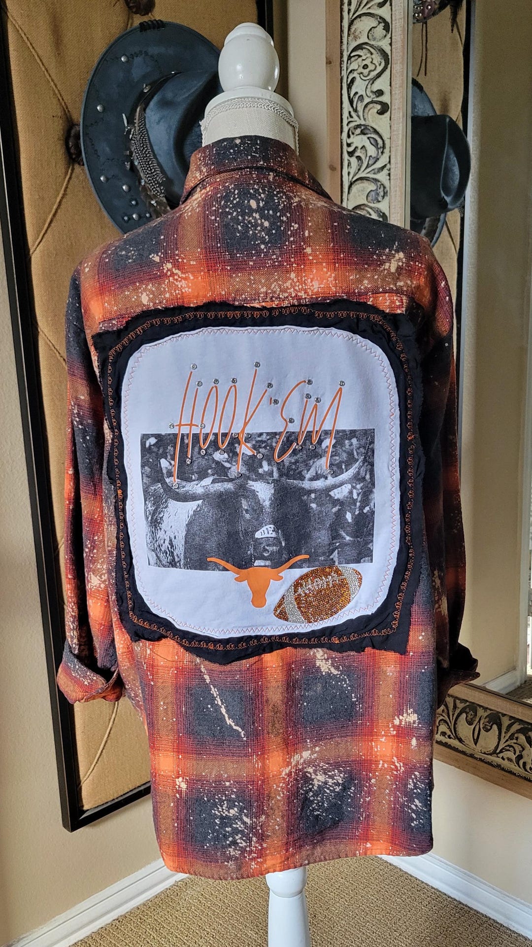 Upcycled Texas Longhorns Bleached Flannel With Rhinestones and Crystal ...