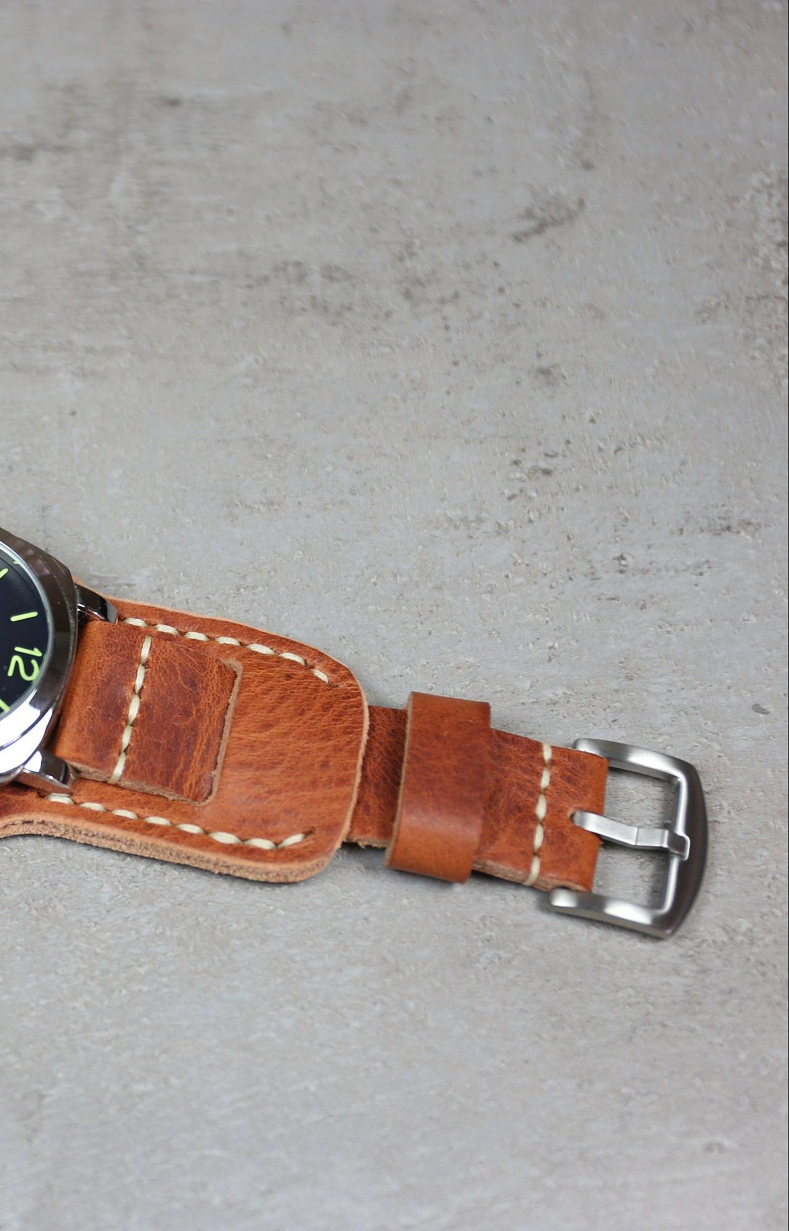Horween Leather Bund Watch Strap: Handmade Brown Cuff, Military Aviator ...