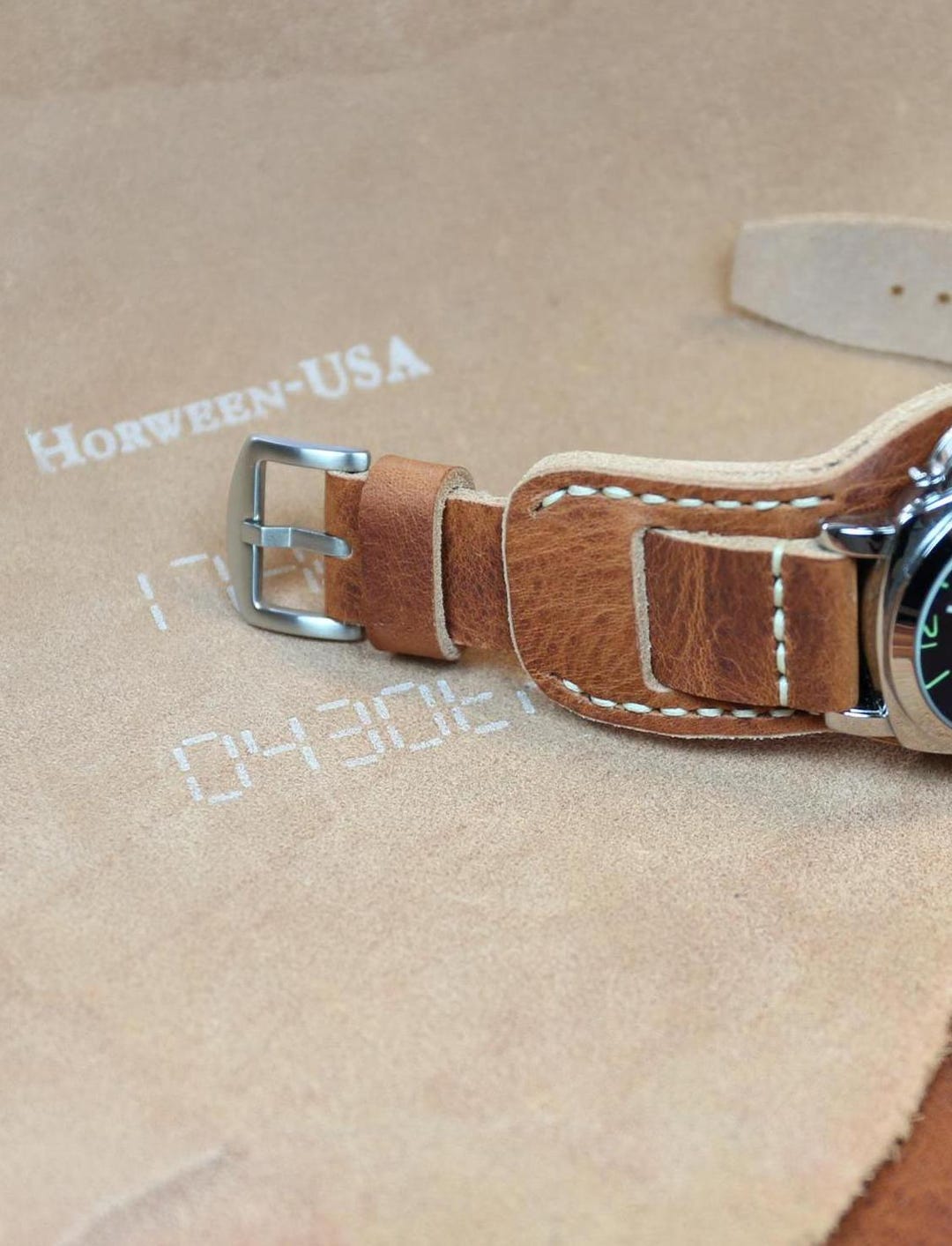 Horween Leather Bund Watch Strap: Handmade Brown Cuff, Military Aviator ...