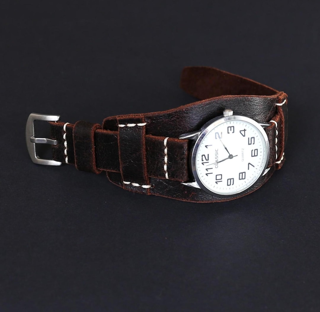 Handmade Dark Brown Leather Bund Watch Strap: Military Aviator Cuff - Etsy