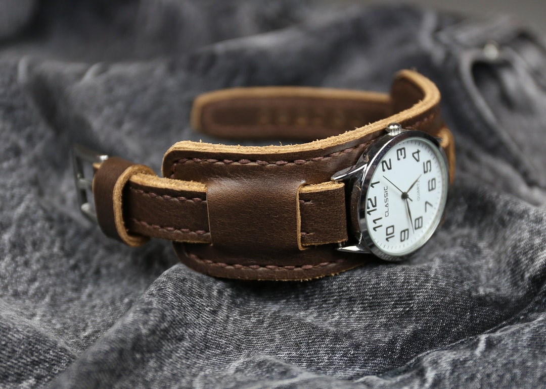 Handmade Horween Chromexcel Leather Bund Watch Strap: Dark Brown Cuff ...