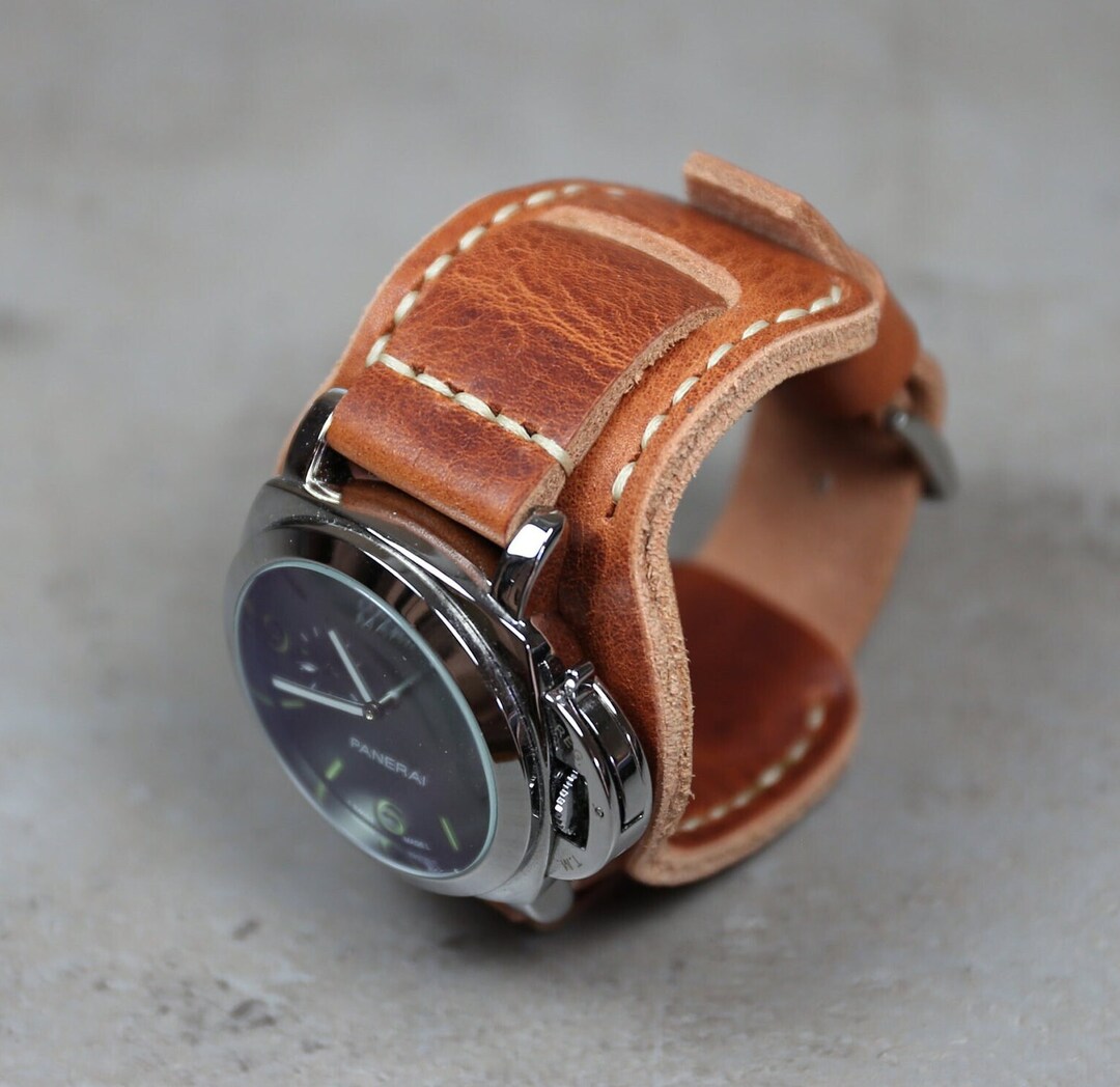 Horween Leather Watch Strap Brown Men, Full Grain Leather Cuff Watch ...