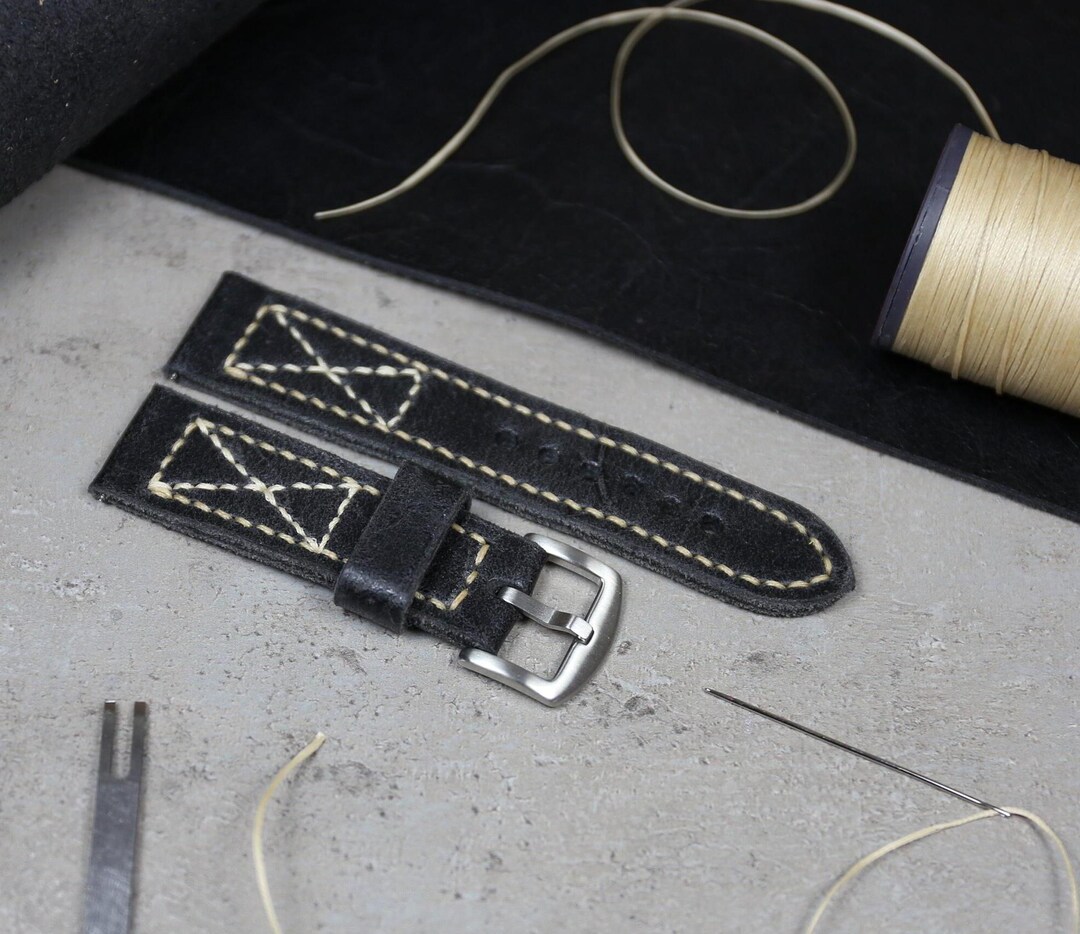 Distressed Black Leather Watch Band: Handmade Stitched Strap - Etsy UK