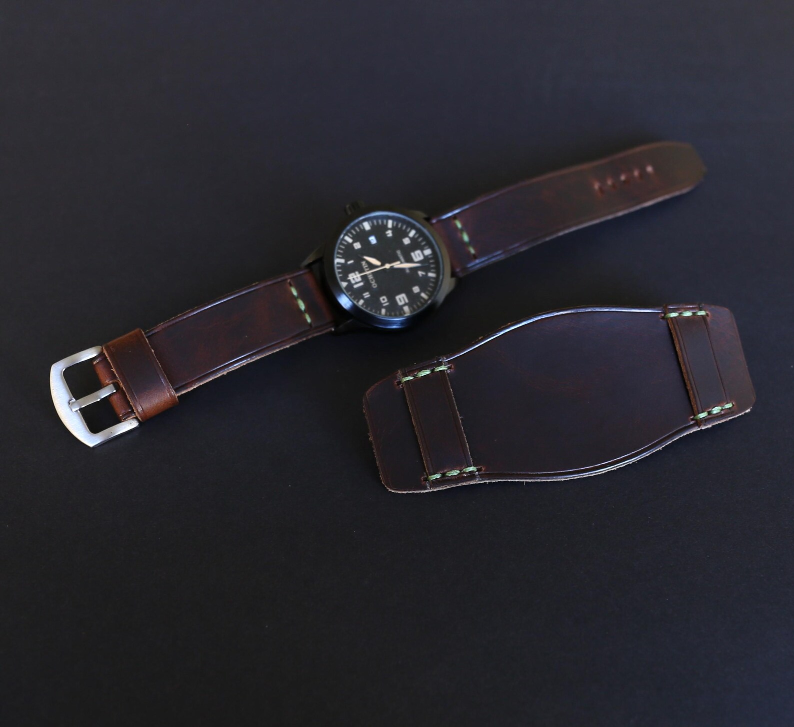 Dark Brown Leather Cuff Watch Band: Handmade Aviator Style - Etsy