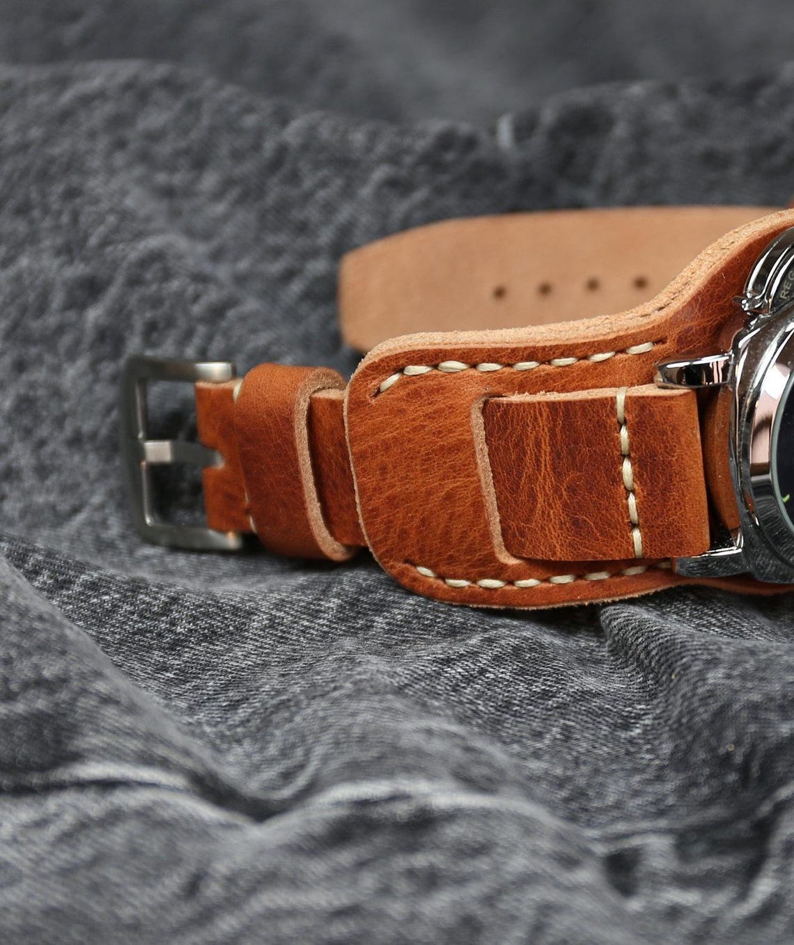 Horween Leather Bund Watch Strap: Handmade Brown Cuff, Military Aviator ...
