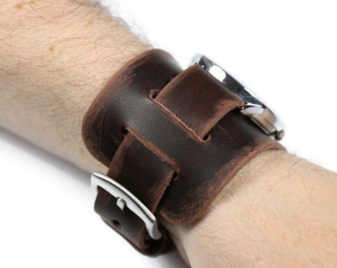 Leather Watch Band, Handmade, Gray, Full Bund Strap, Leather Cuff Watch ...