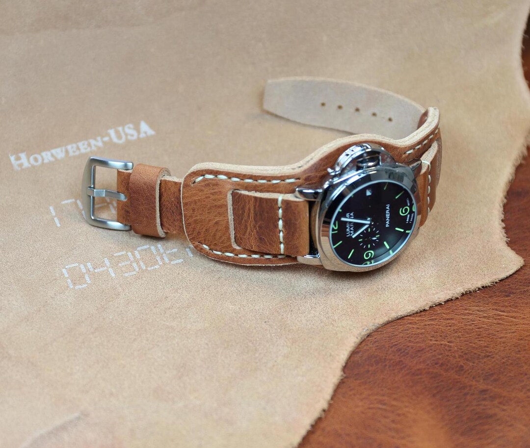 Horween Leather Watch Strap Brown Men, Full Grain Leather Cuff Watch ...