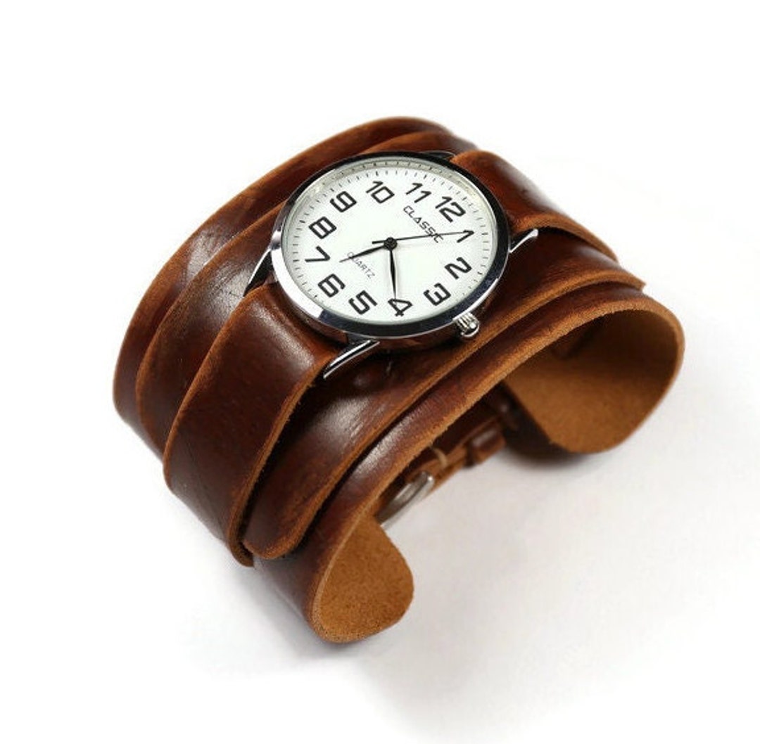 Wide Cuff Watch Band Brown Distressed Leather Watch Band, Handmade ...
