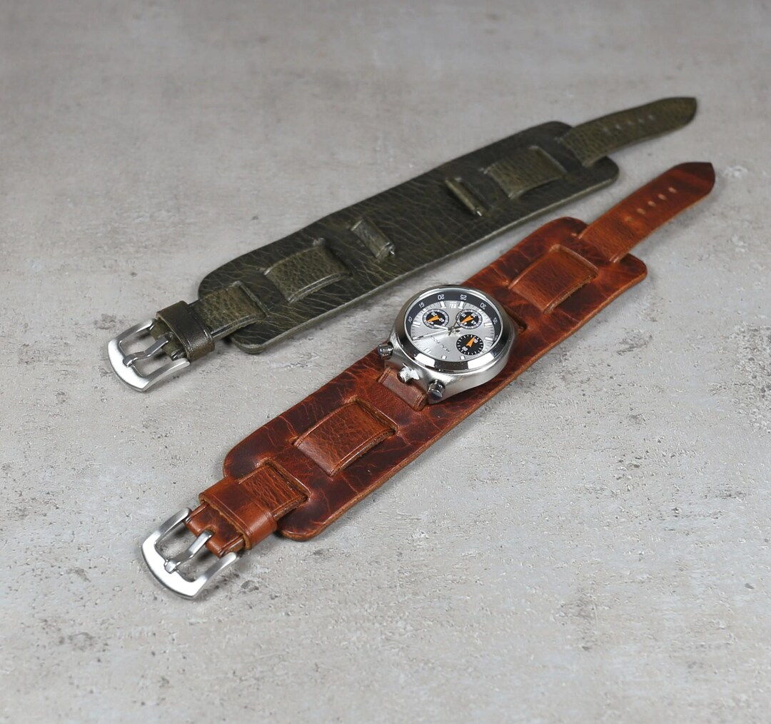 Handmade Leather Cuff Watch Strap, Aviator Bund Straps Brown and Gray ...