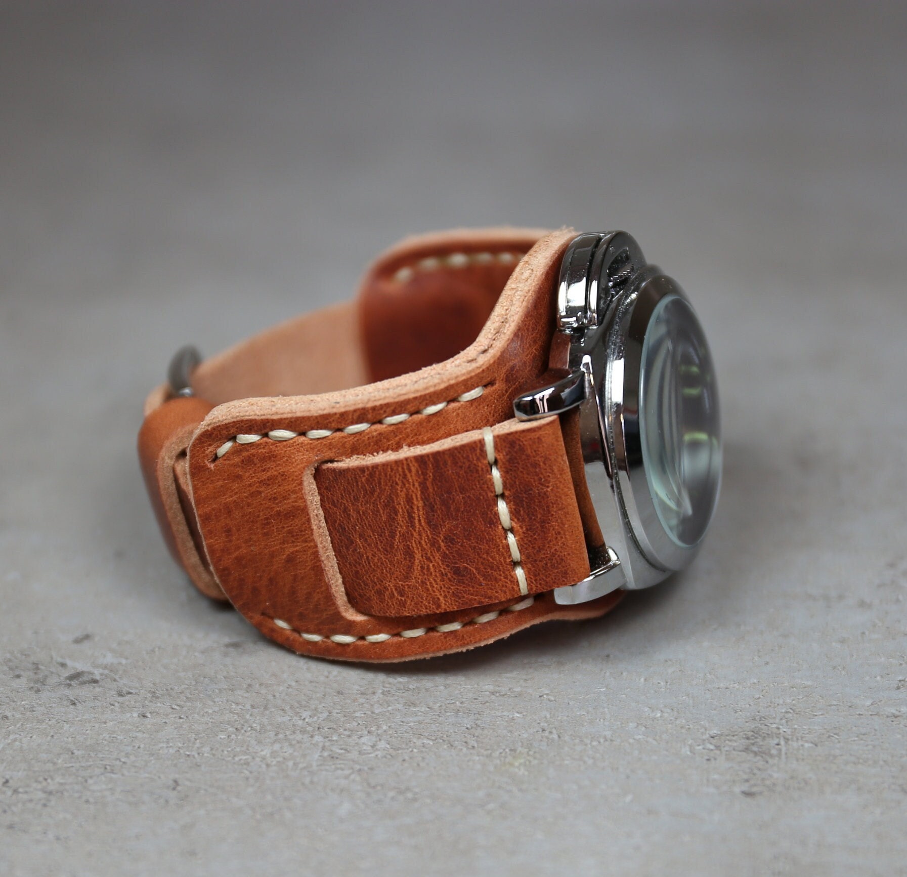 Horween Leather Bund Watch Strap: Handmade Brown Cuff, Military Aviator ...