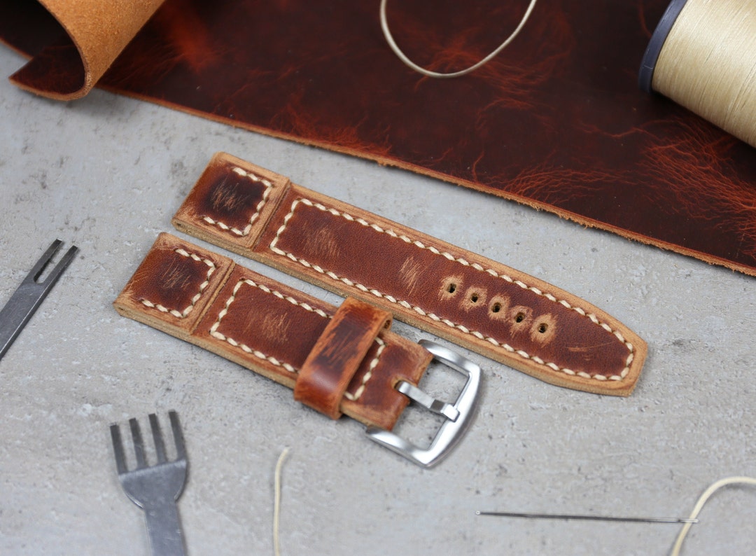 Distressed Leather Watch Band Brown, 20mm 22mm 24mm Unique Watch Strap ...