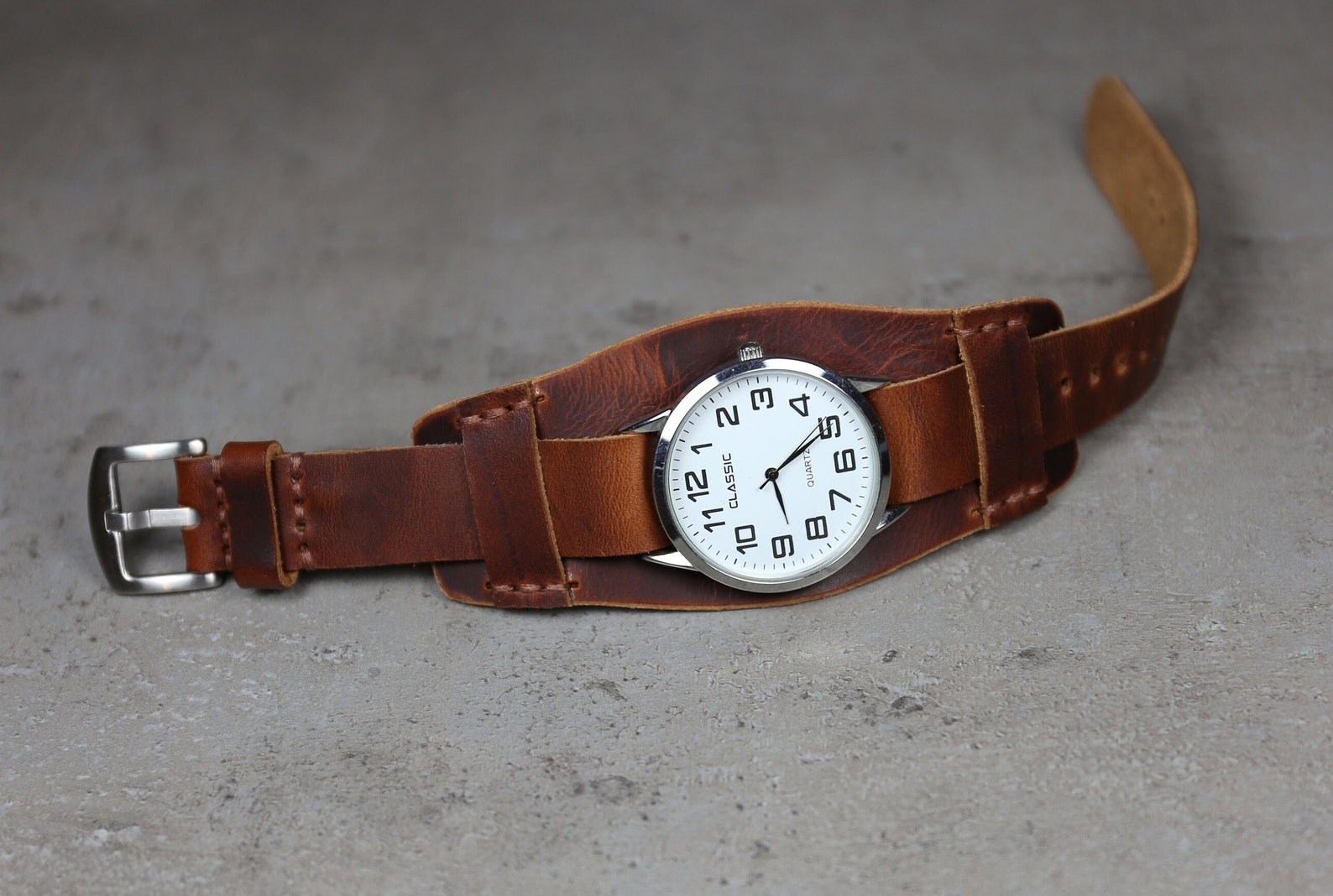 Handmade Brown Leather Bund Watch Band: Aviator Military Cuff Strap (18 ...