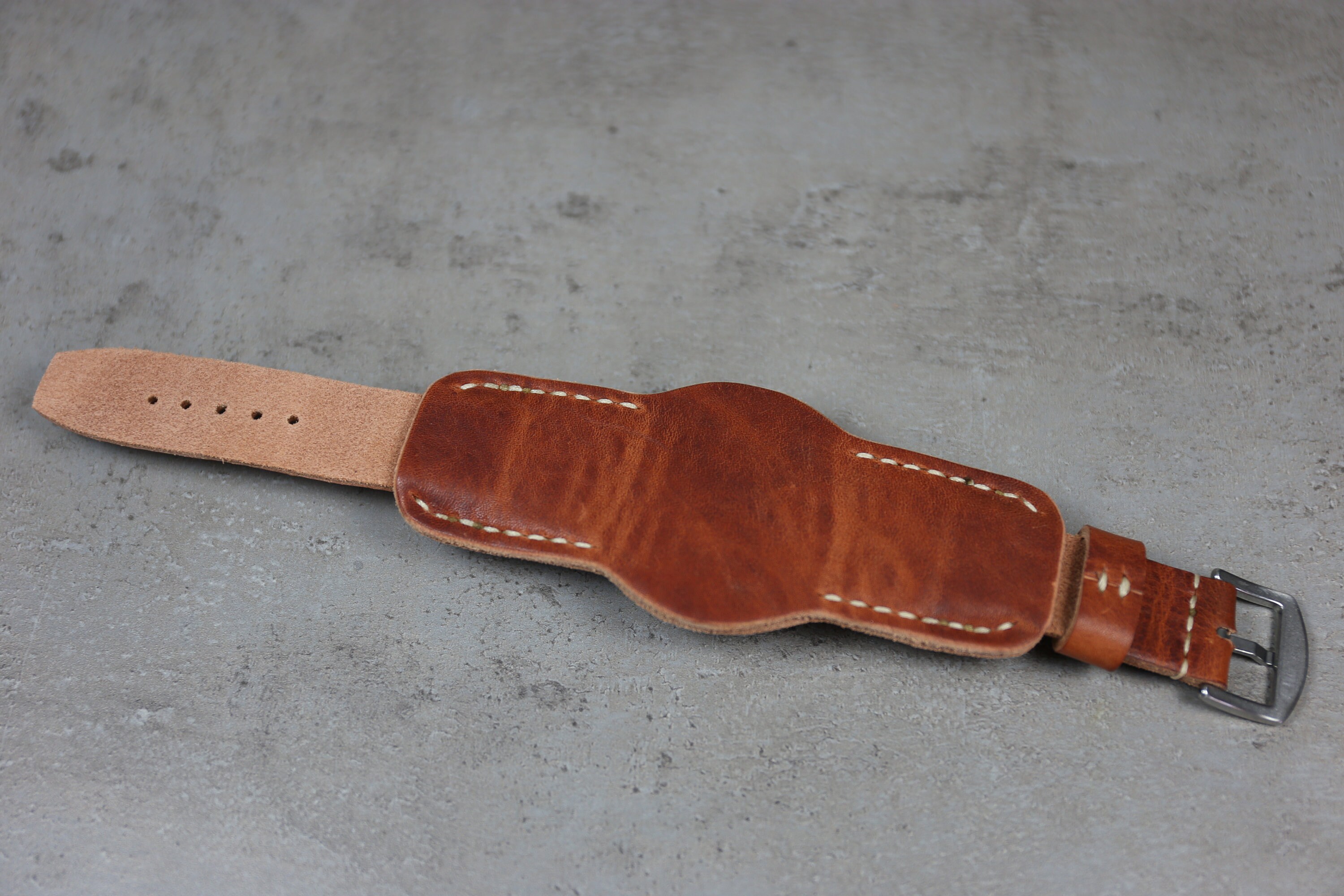 Horween Leather Bund Watch Strap: Handmade Brown Cuff, Military Aviator ...