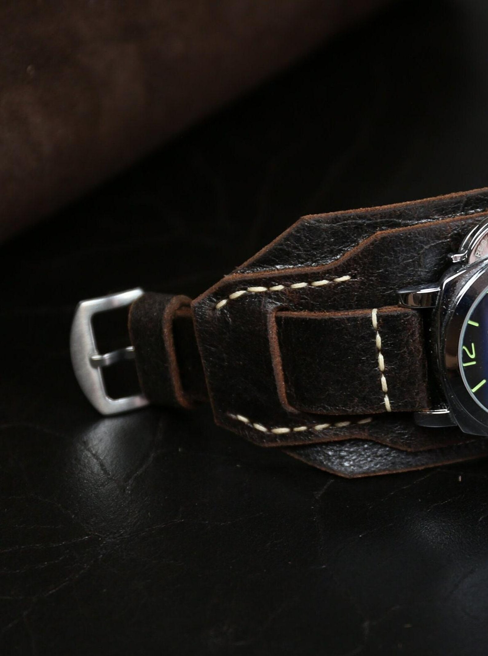 Dark Brown Leather Cuff Watch Band Aviator 18mm 20mm 22mm 24mm Handmade ...