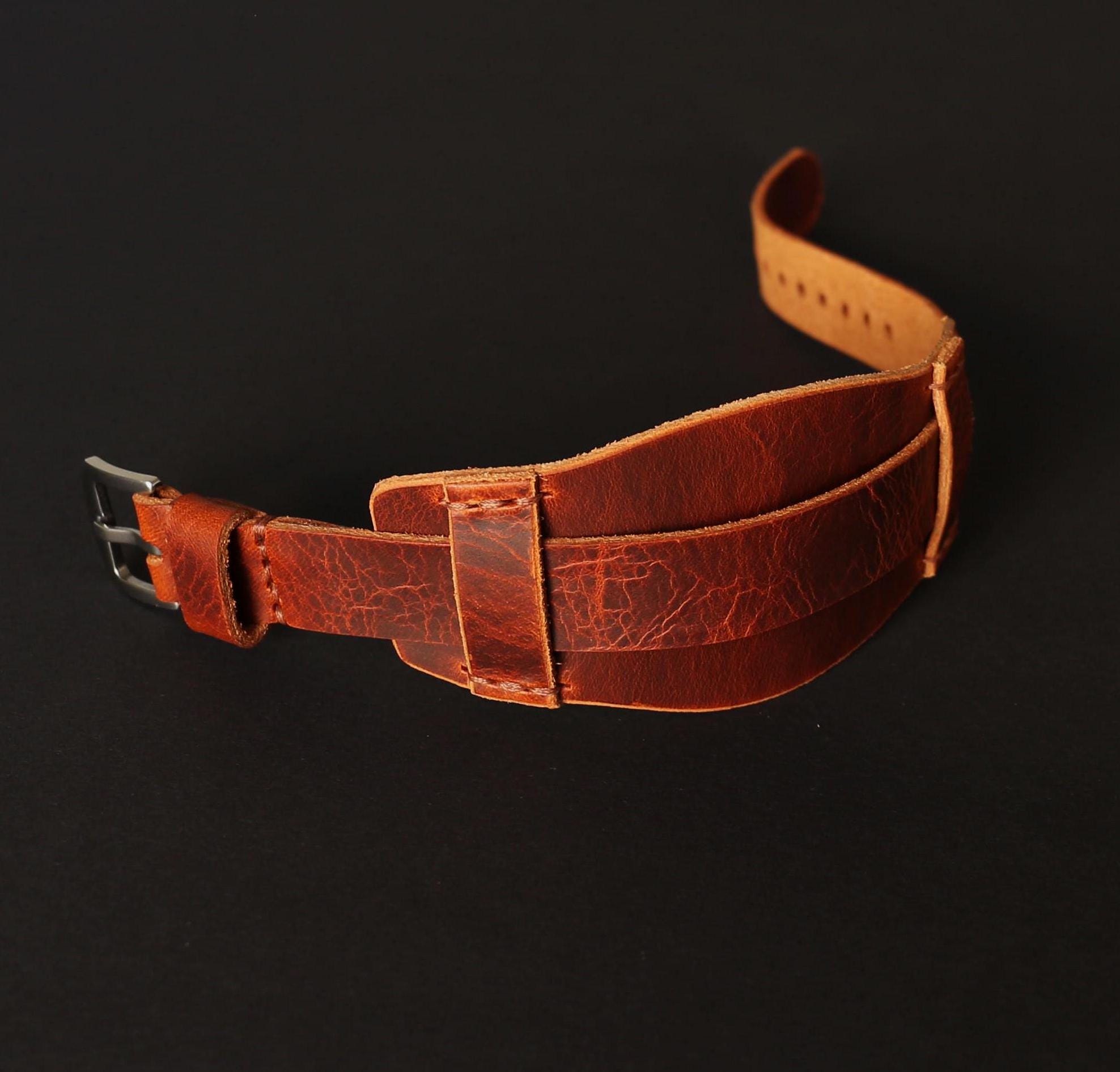 Handmade Brown Leather Bund Watch Band: Aviator Military Cuff Strap (18 ...