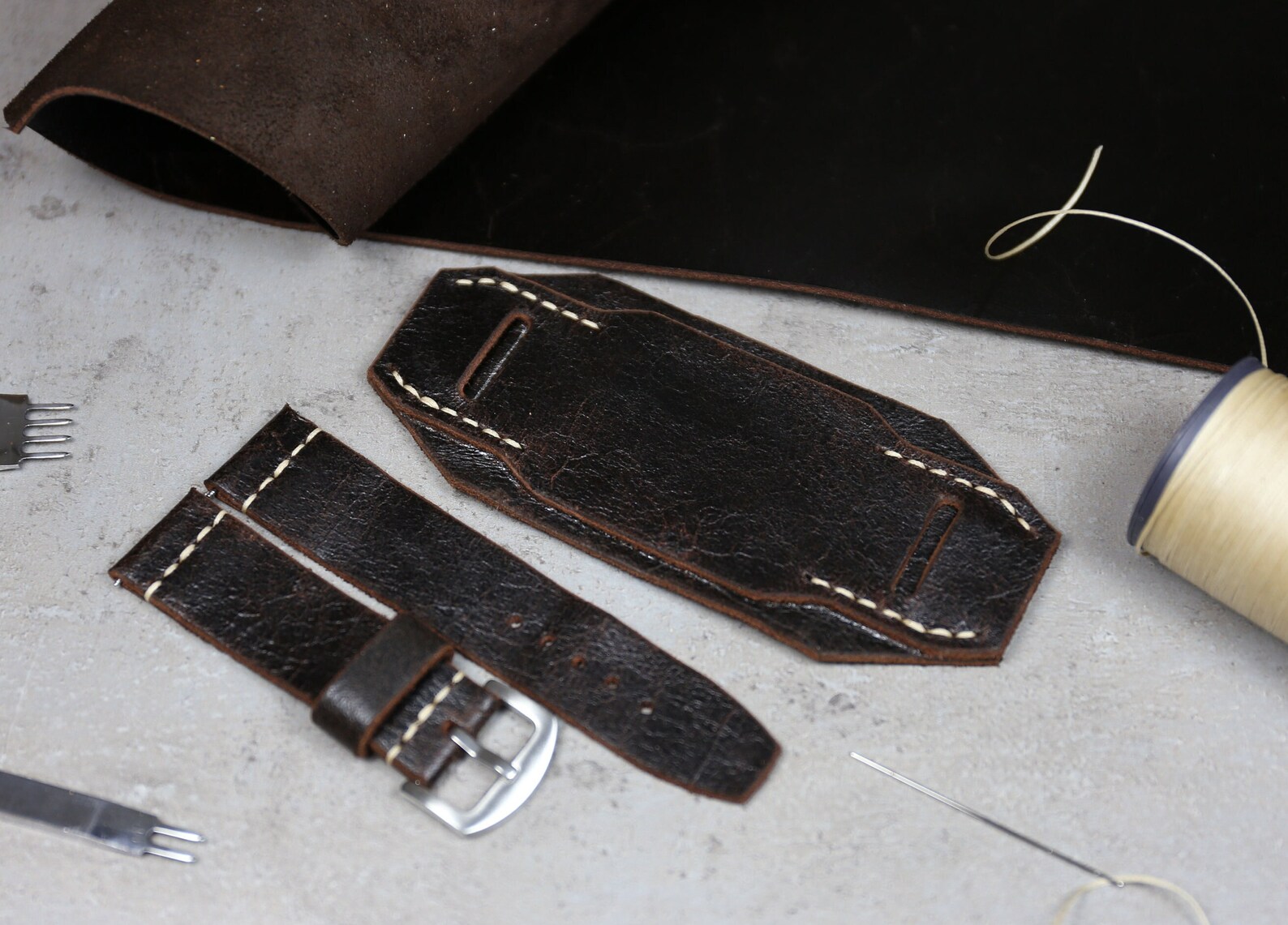 Dark Brown Leather Cuff Watch Band Aviator 18mm 20mm 22mm 24mm Handmade ...