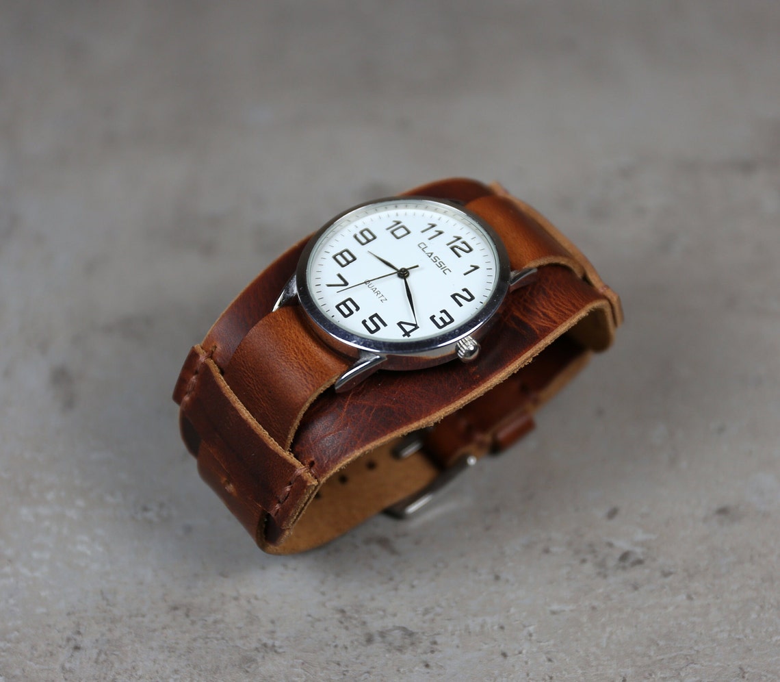 Handmade Brown Leather Bund Watch Band: Aviator Military Cuff Strap (18 ...