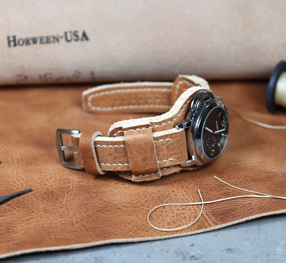 Horween Leather Bund Watch Strap: Handmade Thick Cuff, Military Aviator ...