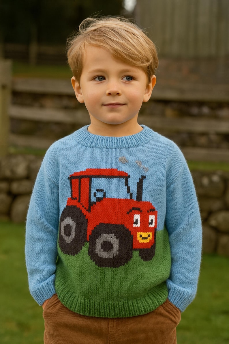 Child's Cute Tractor Motif Sweater Knitting Pattern PDF Boys Girls ...