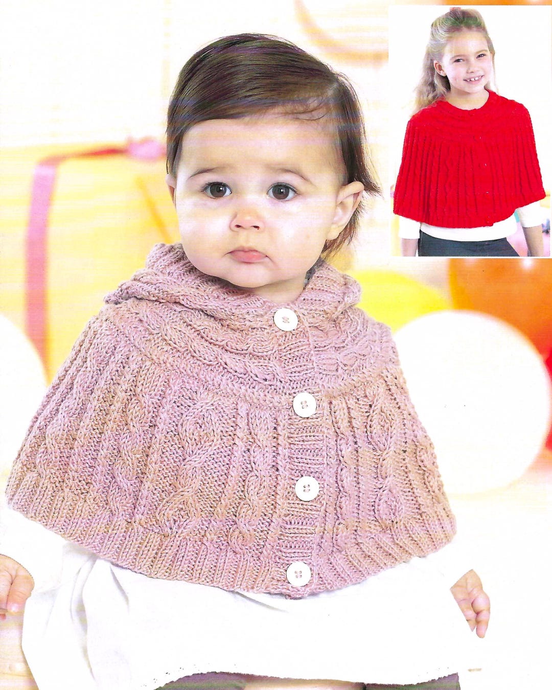 Girls Cable Cape Hooded Cloak Tabard Poncho Toddler Baby PDF Knitting ...