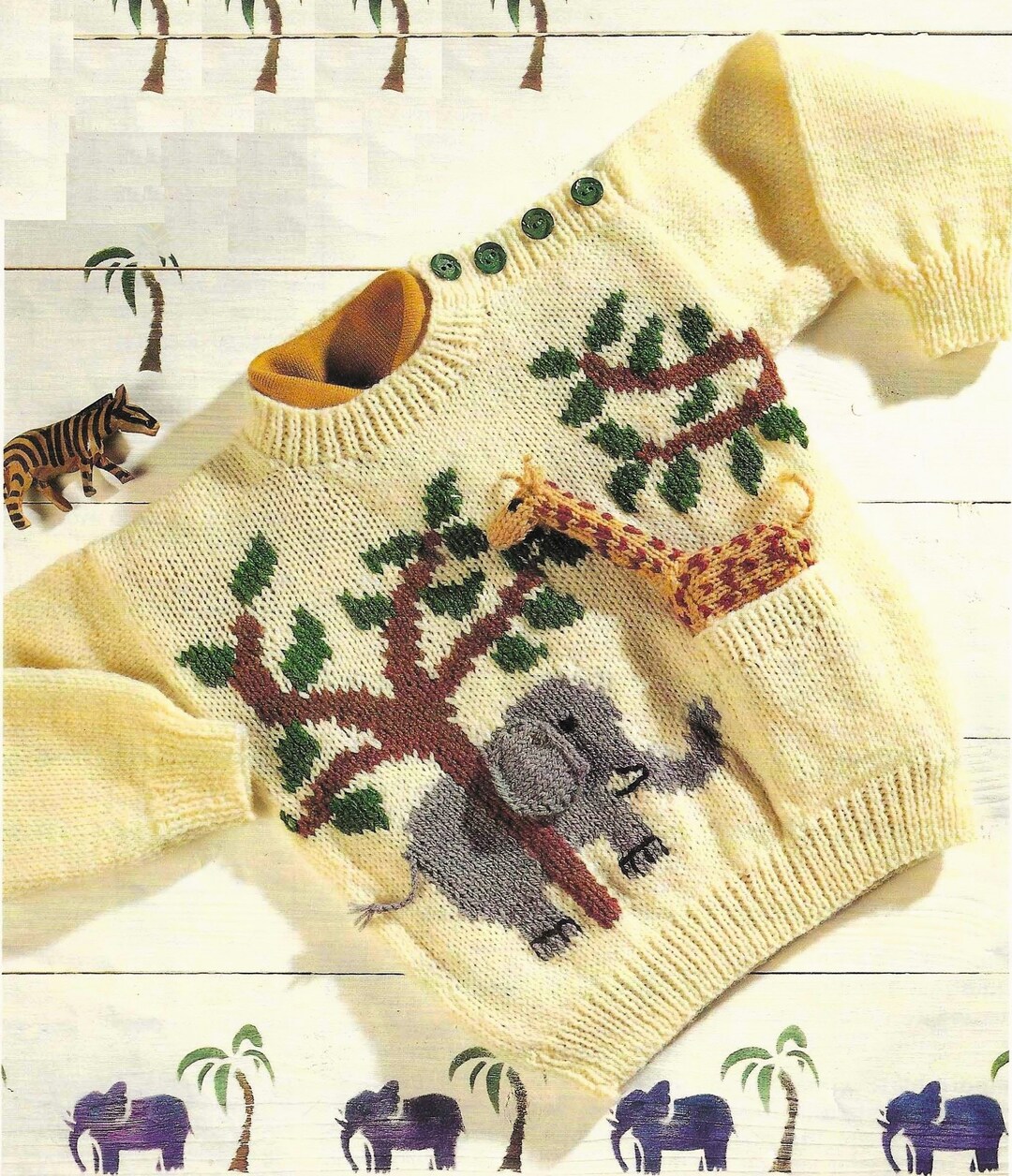 Boys Girls Jungle Animal Motif Sweater Pocket Giraffe Toy Elephant Motif Jumper PDF Knitting ...