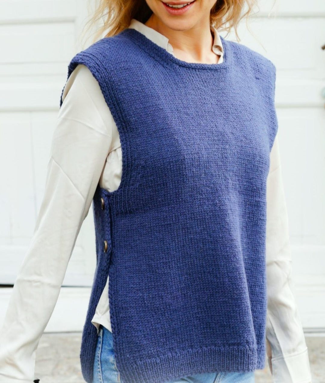 Ladies Easy Knit Plain Vest Tabard Womens Slipover With Button Side ...