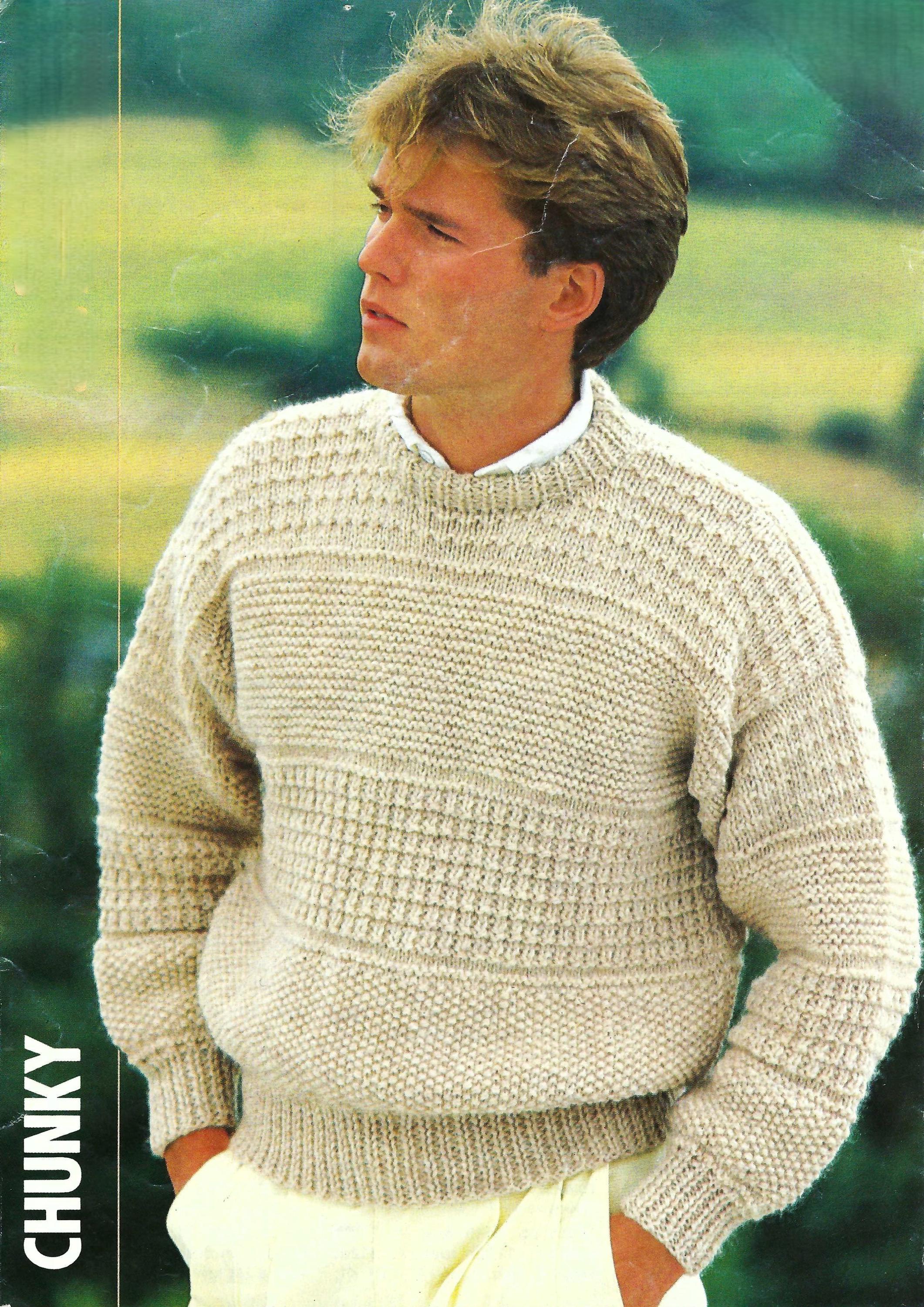Easy Knit Mens Chunky Sweater Gents Textured Jumper Pullover PDF ...