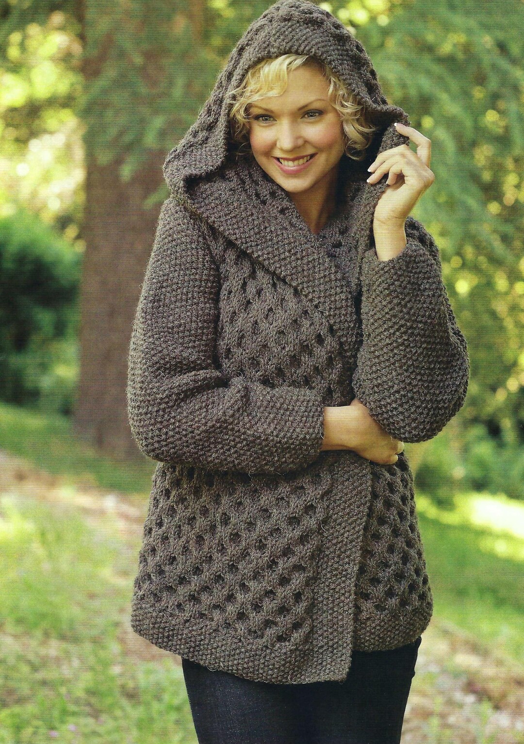 Ladies Honeycomb Hooded Jacket Womens Long Cable Cardigan PDF Knitting ...