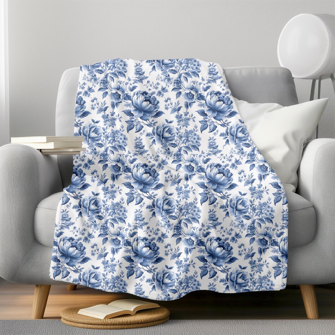 Blue Toile Floral Throw Toile De Jouy Blanket French Toile Bedding Cozy ...