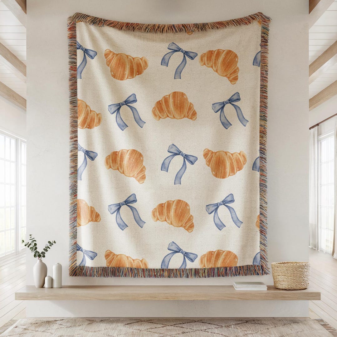 Croissant & Bow Woven Throw Blanket: French Pastry Decor - Etsy